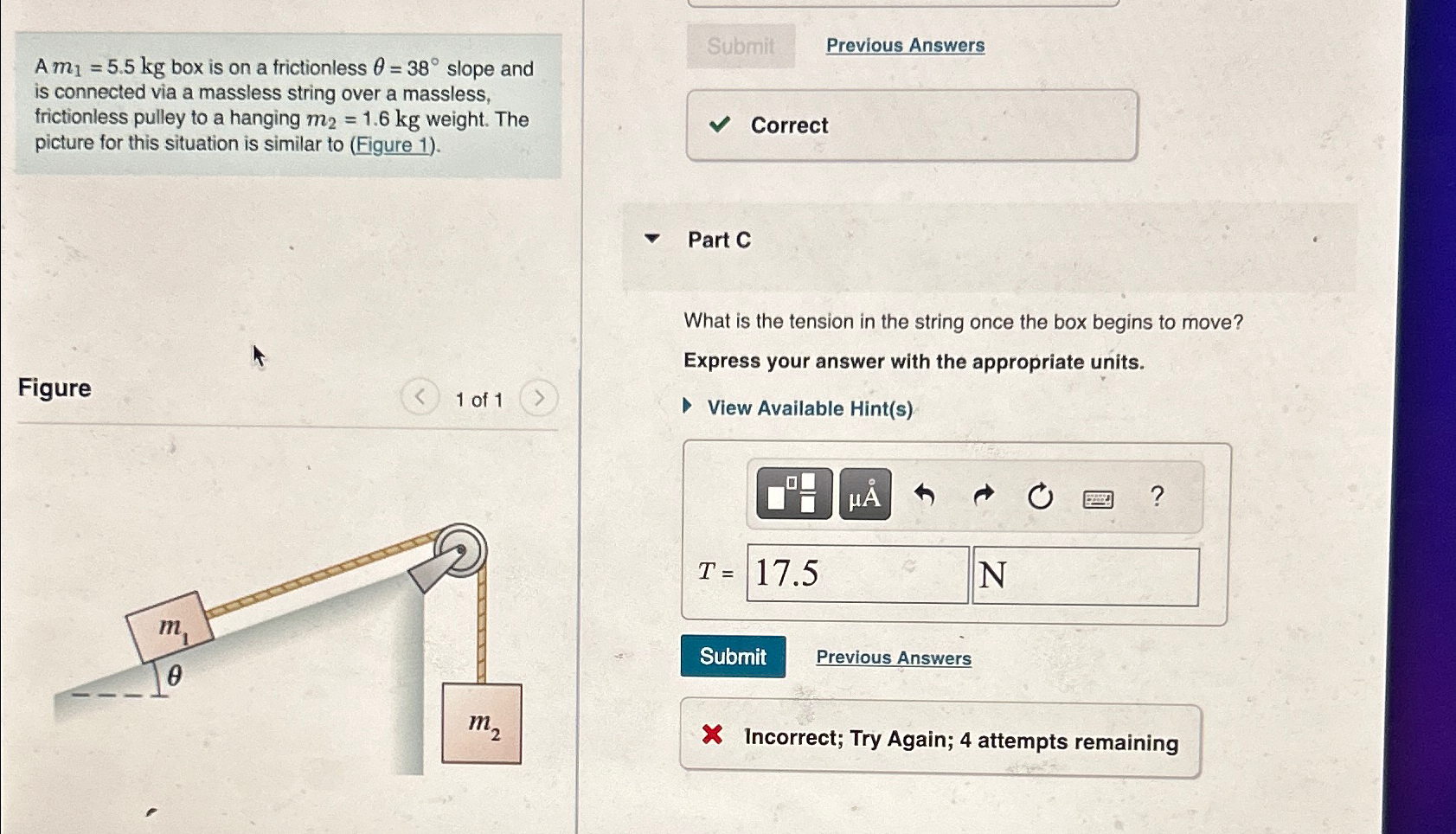 Solved A m1=5.5kg ﻿box is on a frictionless θ=38° ﻿slope and | Chegg.com