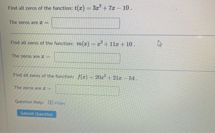 Solved ind all zeros of the function: t(x)=3x2+7x−10. he | Chegg.com