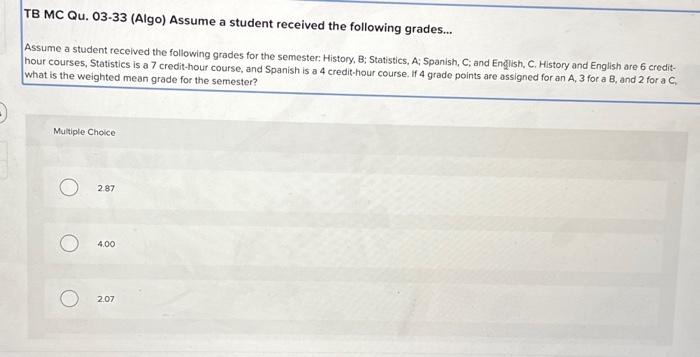 Solved TB MC Qu. 03-33 (Algo) Assume a student received the | Chegg.com