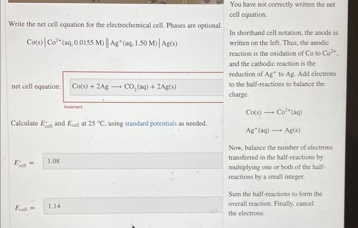 Solved Write the net cell equation for the electrochemical | Chegg.com