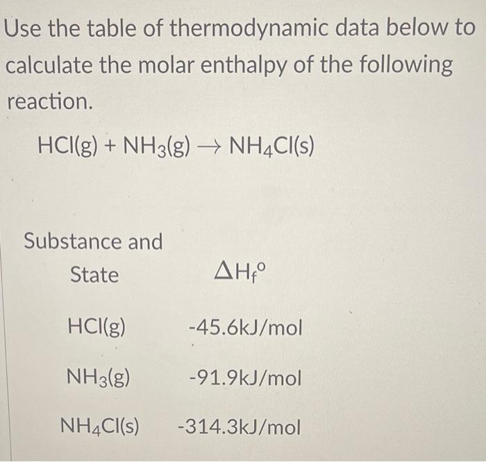 Solved Use the table of thermodynamic data below to | Chegg.com