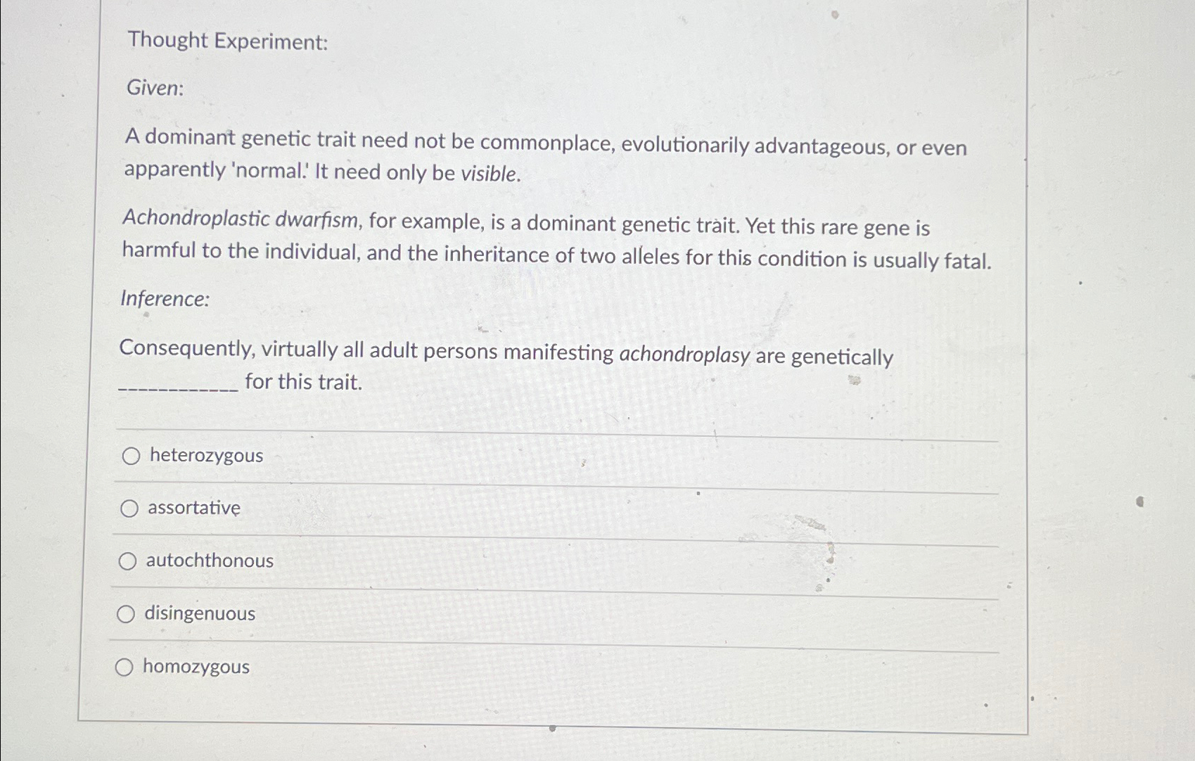 Solved Thought Experiment:Given:A dominant genetic trait | Chegg.com