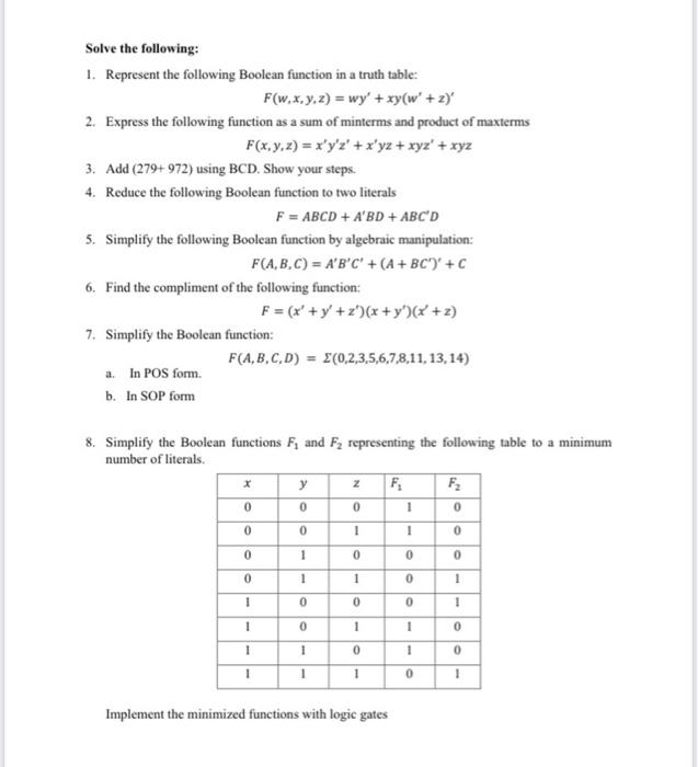 Solved Solve the following: 1. Represent the following | Chegg.com