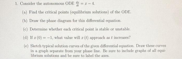 Solved Consider the autonomous ODE dtdx=x−4. (a) Find the | Chegg.com
