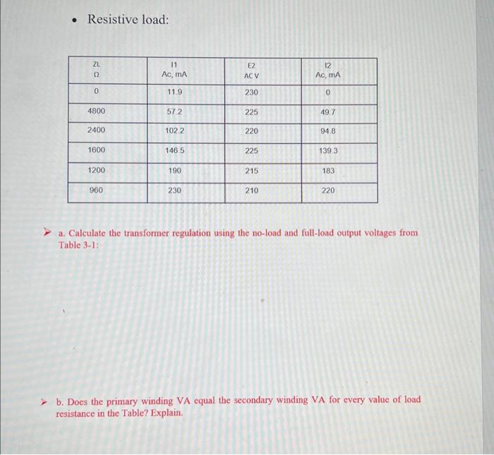 Solved - Resistive load: a. Calculate the transformer | Chegg.com