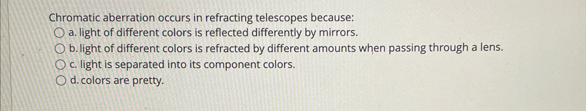 Solved Chromatic aberration occurs in refracting telescopes | Chegg.com