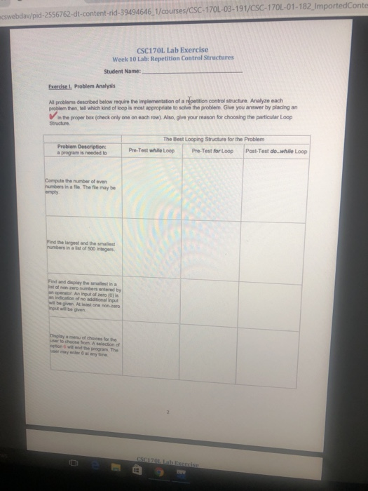 Solved CSC170L Lab Exercise Week 10 Lab: Repetition Control | Chegg.com