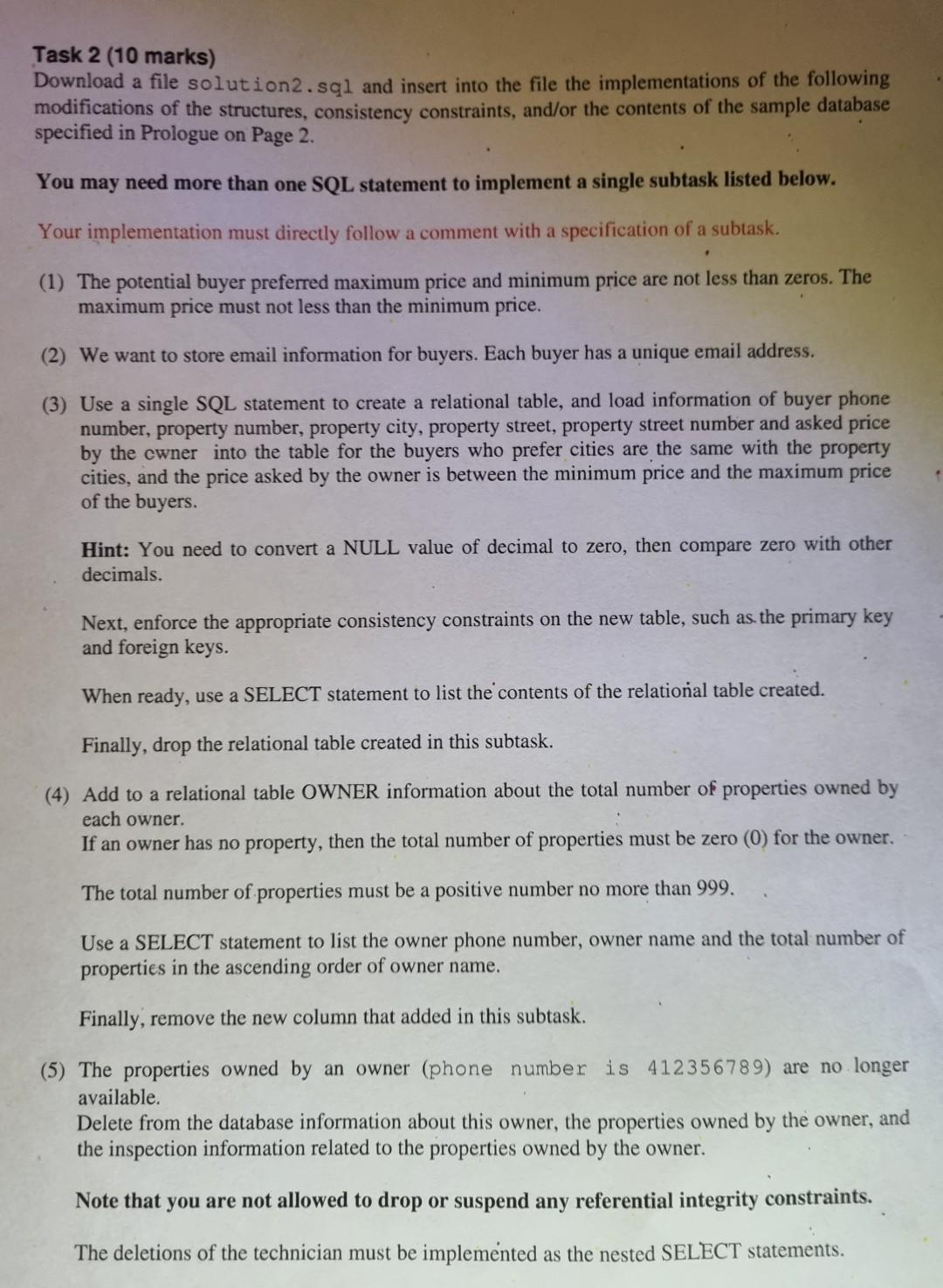 Solved Task 2 (10 marks) Download a file solution2.sql and | Chegg.com
