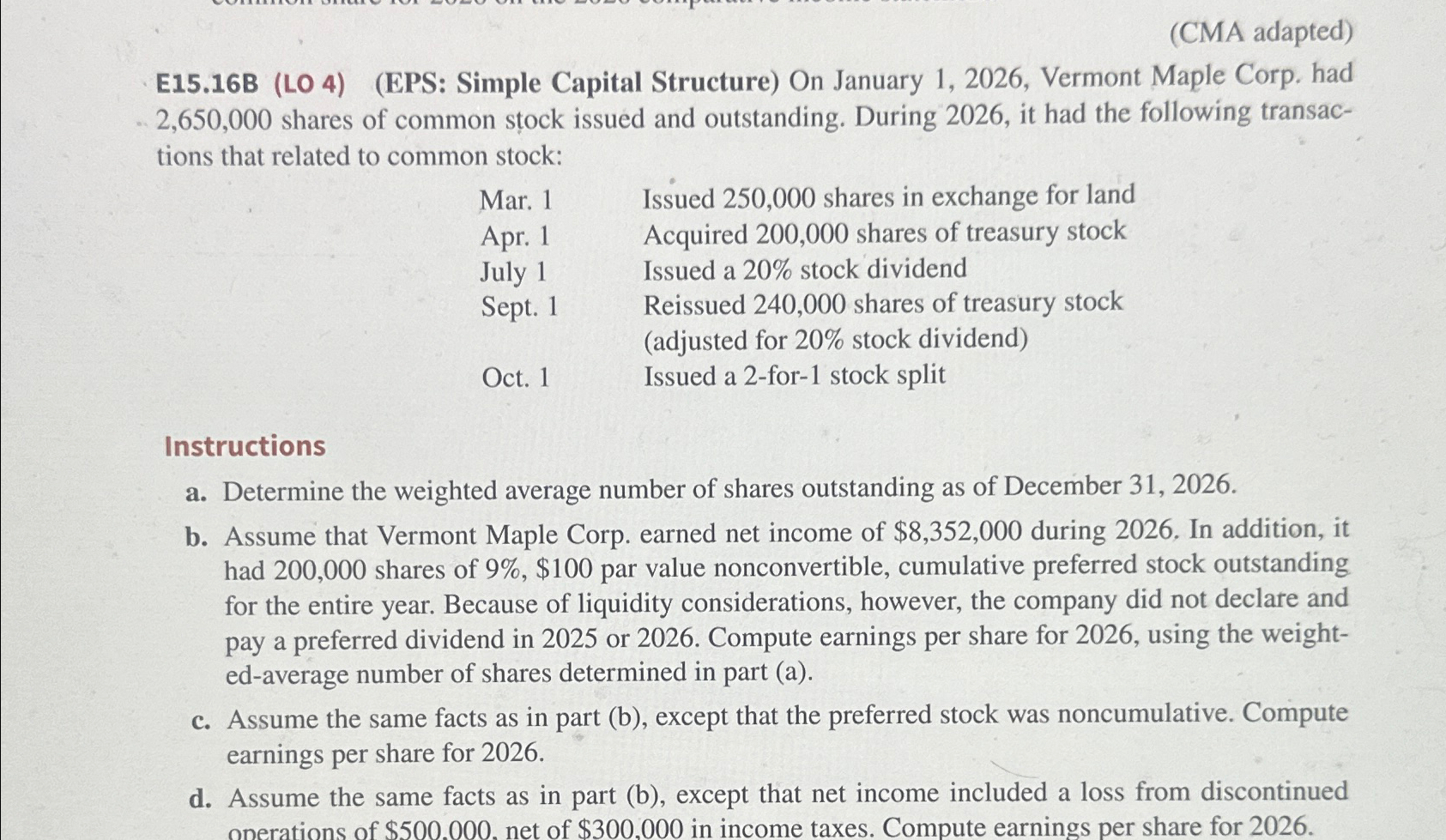 Solved (CMA adapted)E15.16B (LO 4) (EPS: Simple Capital | Chegg.com