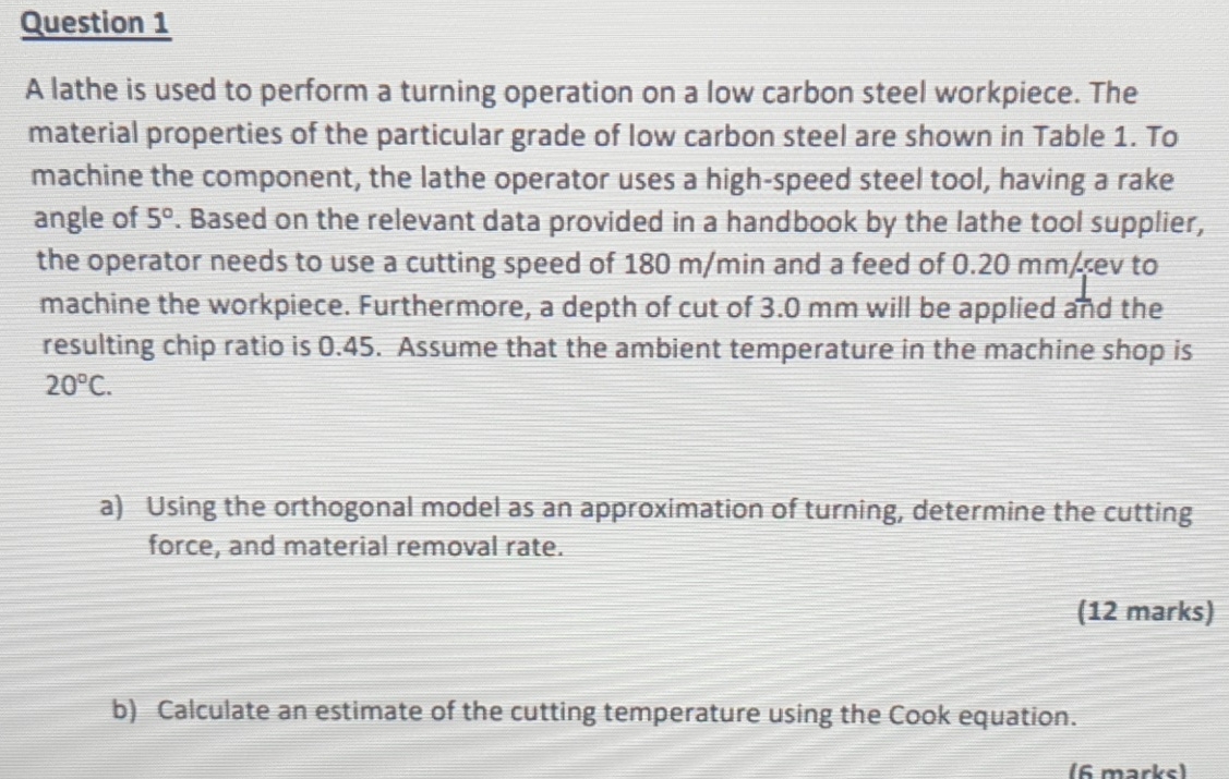 Solved Question 1A lathe is used to perform a turning | Chegg.com