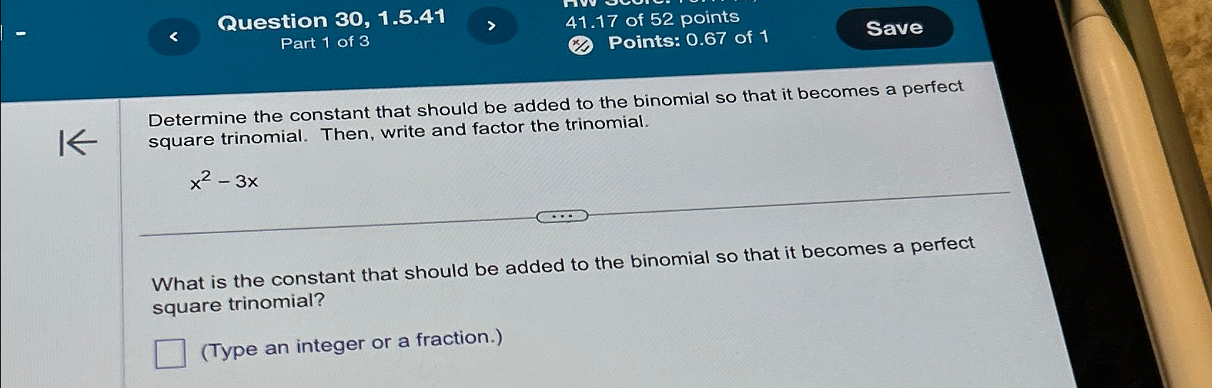 Solved Question 30, 1.5.41 >,41.17 ﻿of 52 ﻿pointsPart 1 ﻿of | Chegg.com
