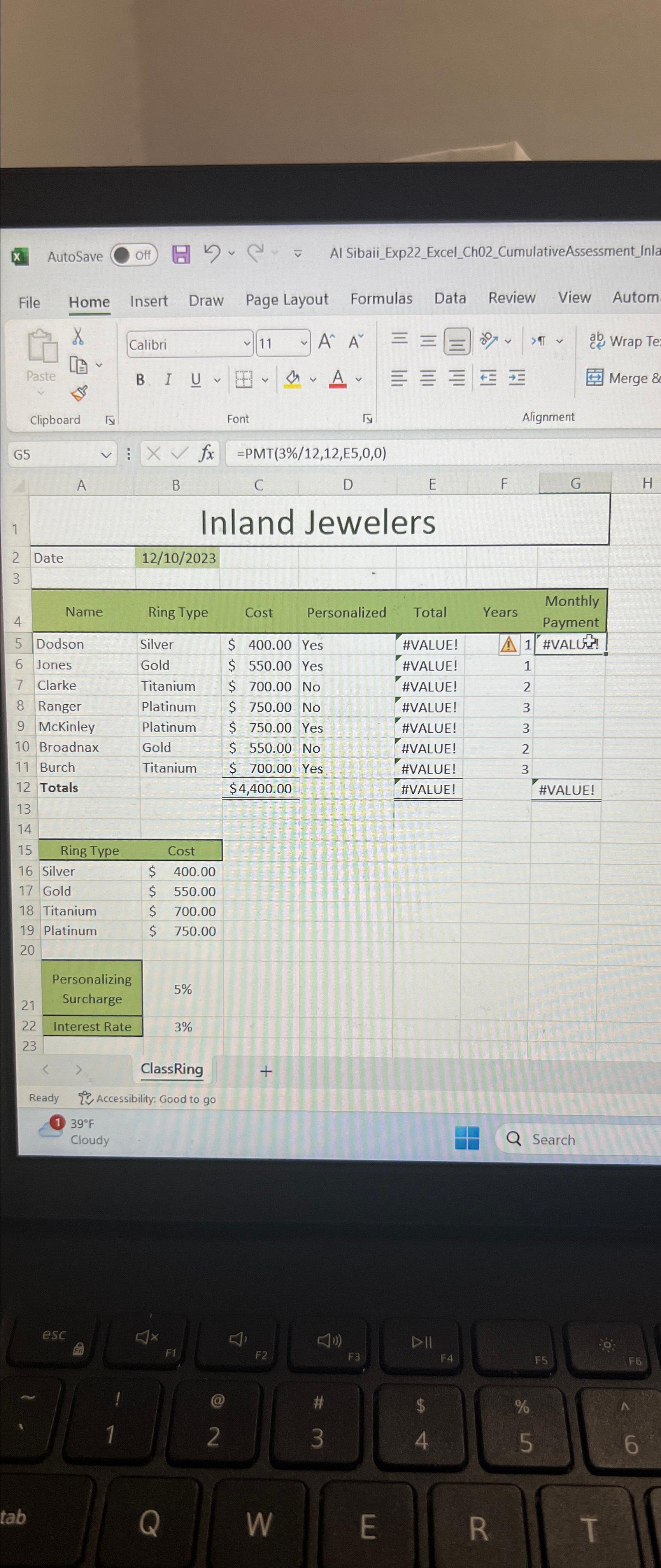 Solved Insert a function in cell G5 ﻿to calculate the first | Chegg.com