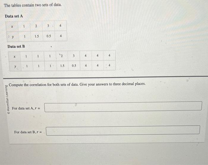 Solved The tables contain two sets of data. Data set A Data | Chegg.com