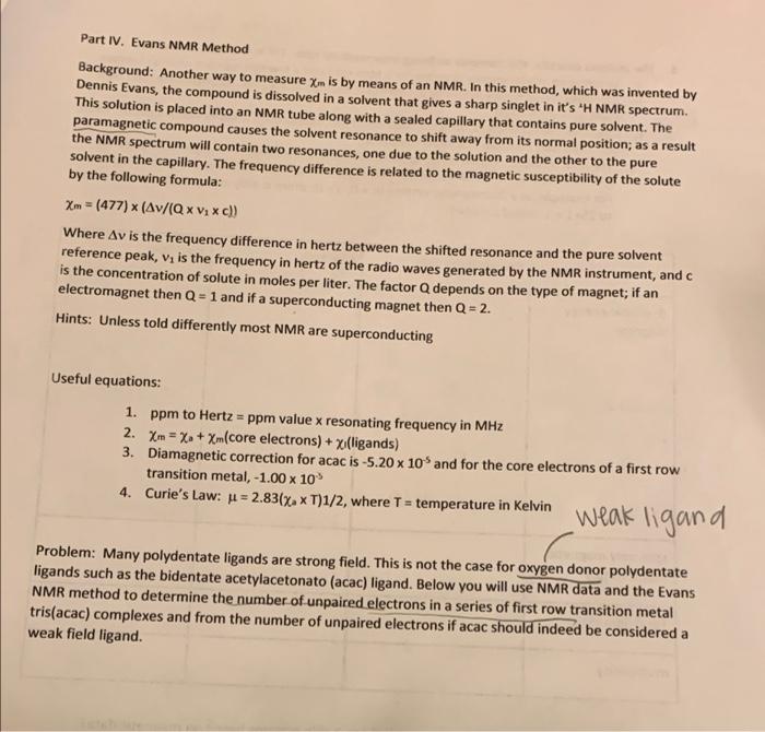 Part IV. Evans NMR Method Background: Another way to | Chegg.com