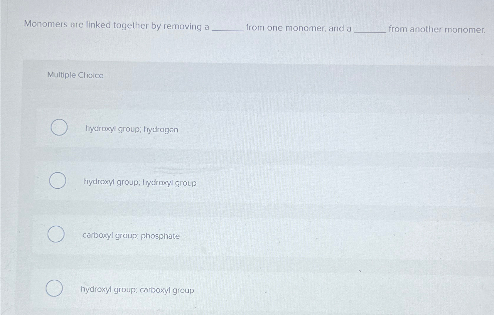 Solved Monomers are linked together by removing a from one | Chegg.com