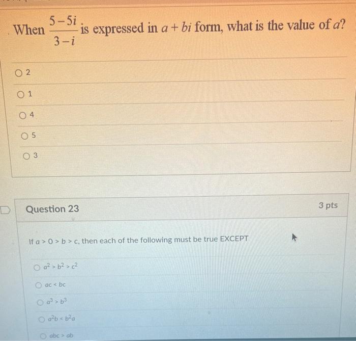 Solved When 3−i5−5i is expressed in a+bi form, what is the | Chegg.com