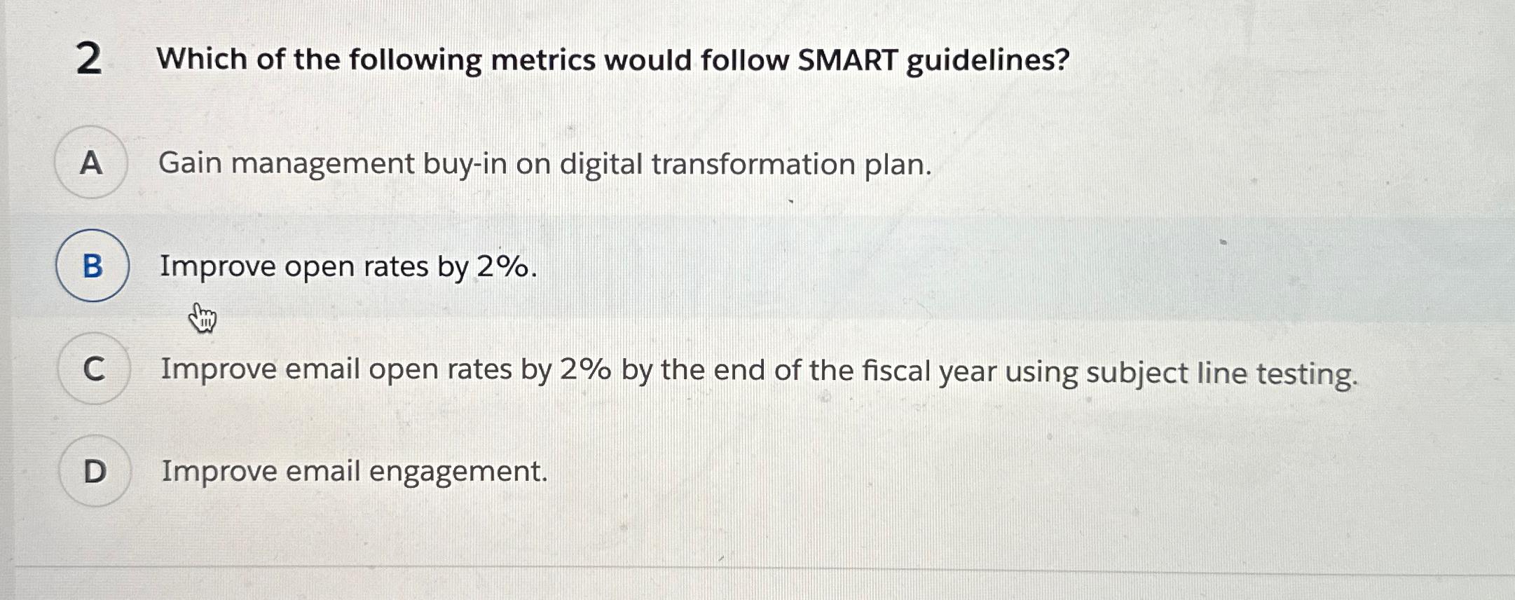 Solved 2 ﻿Which of the following metrics would follow SMART | Chegg.com