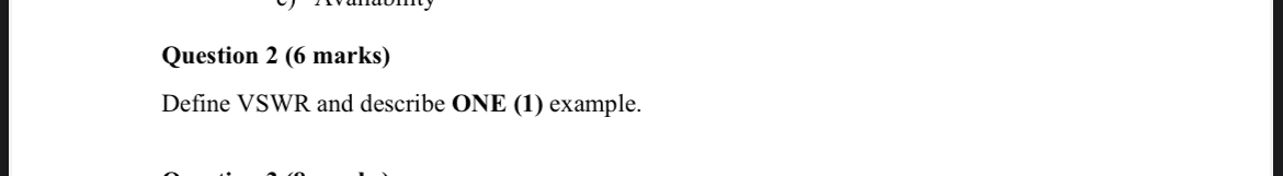 Solved Question 2 (6 ﻿marks)Define VSWR and describe ONE (1) | Chegg.com