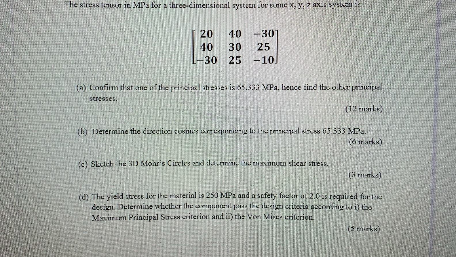 Solved The stress tensor in MPa for a three-dimensional | Chegg.com