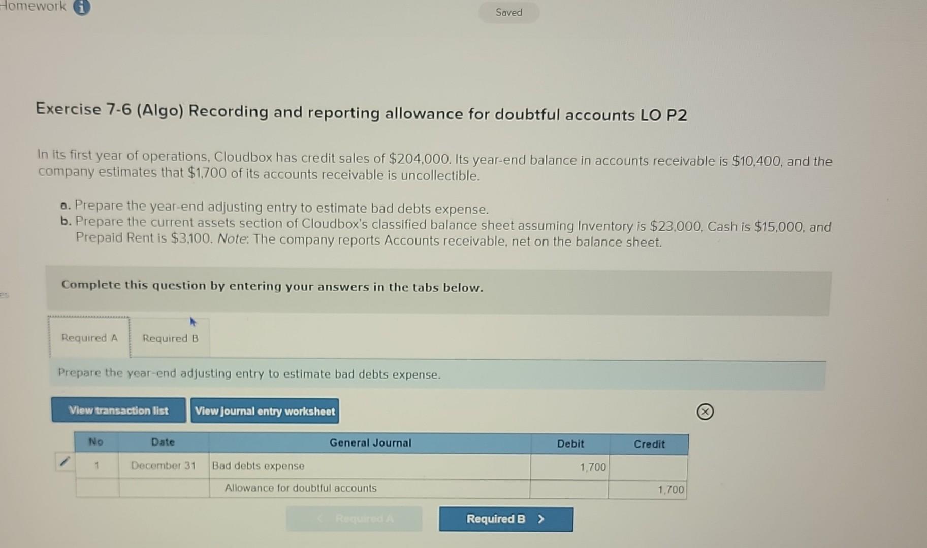 Solved Exercise 7-6 (Algo) Recording and reporting allowance | Chegg.com