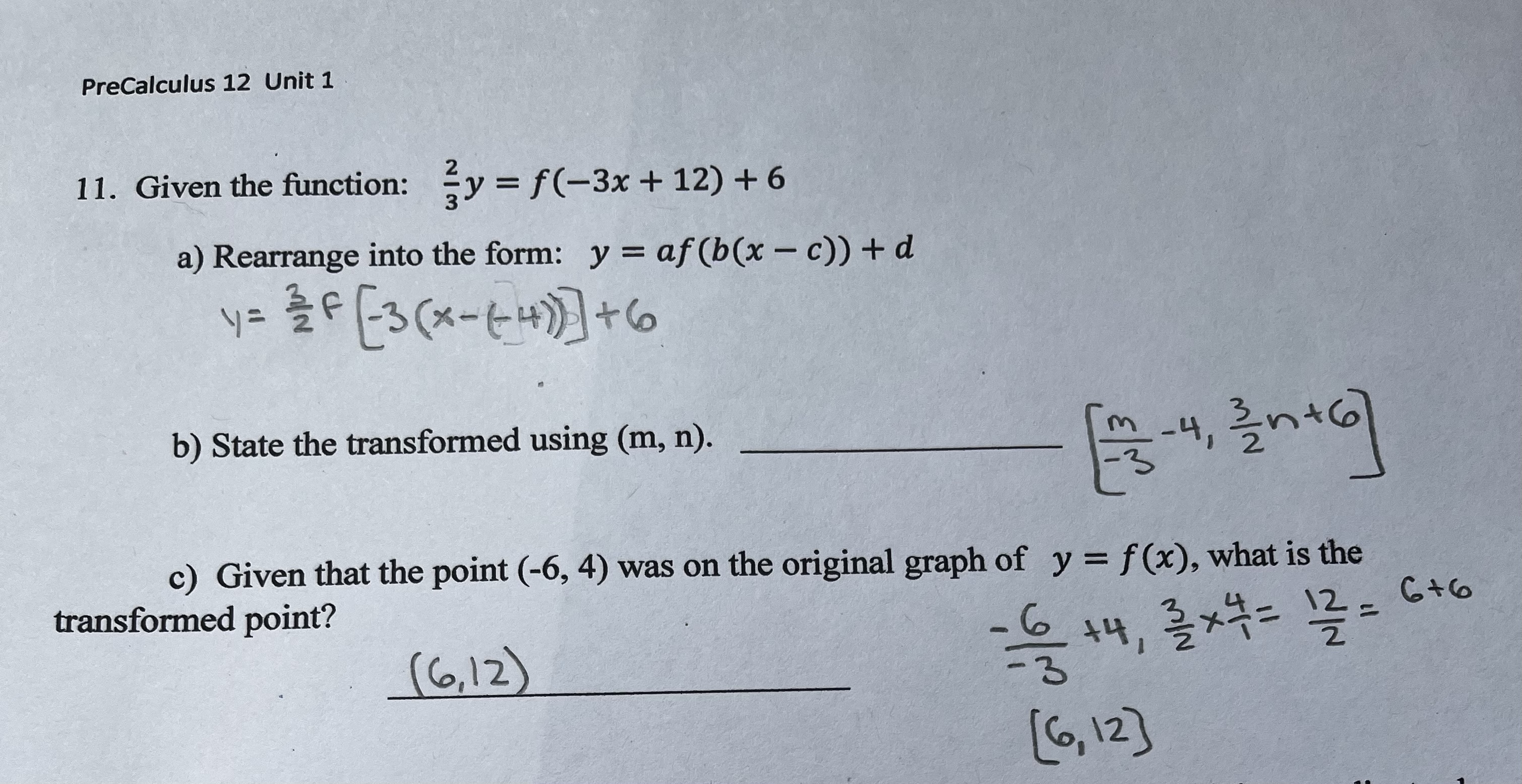 Solved Precalculus 12 unit 1given The Function