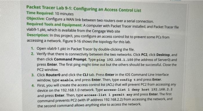 Packet Tracer Lab 9-1: Configuring an Access Control | Chegg.com