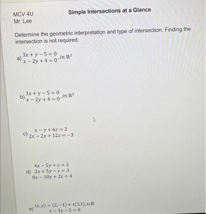 Solved MCV 4U Simple Intersections at a Glance Mr. Lee | Chegg.com