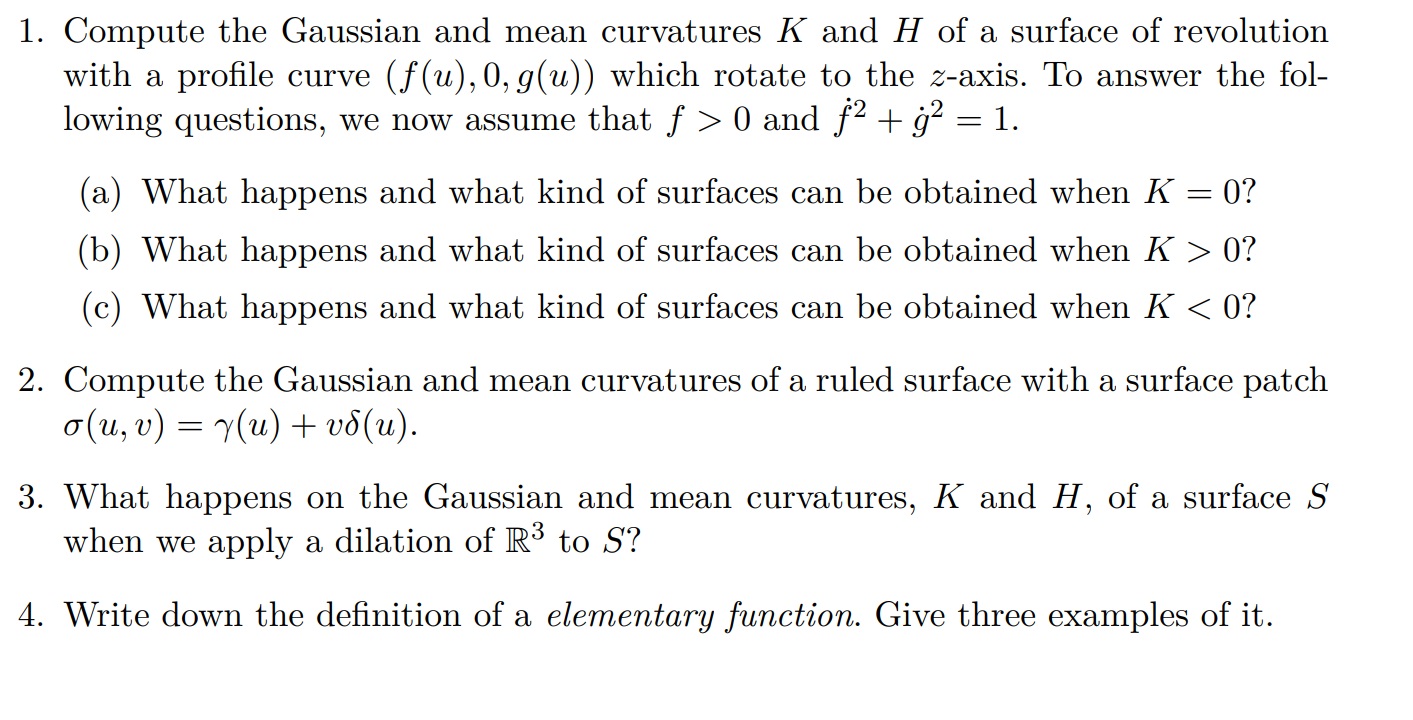 Compute the Gaussian and mean curvatures K ﻿and H ﻿of | Chegg.com