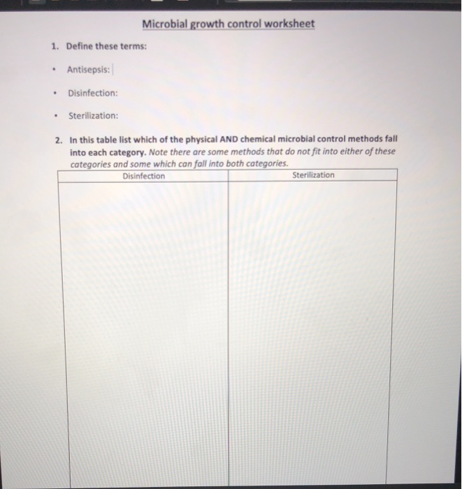 Microbial growth control worksheet 1. Define these | Chegg.com