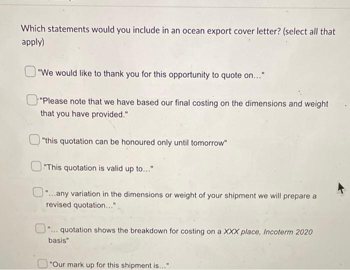 Solved Which statements would you include in an ocean export | Chegg.com