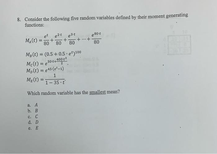 Solved 8. Consider the following five random variables | Chegg.com