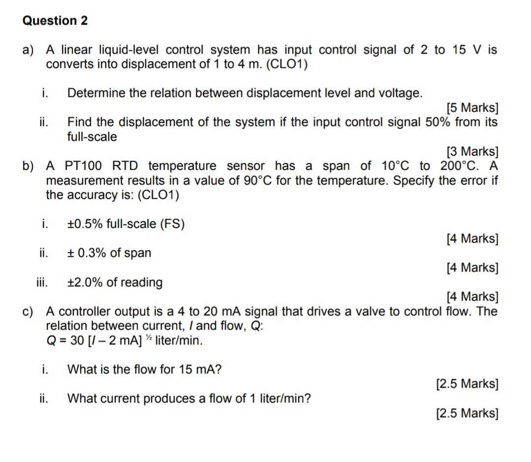 Solved Question 2 a) A linear liquid-level control system | Chegg.com