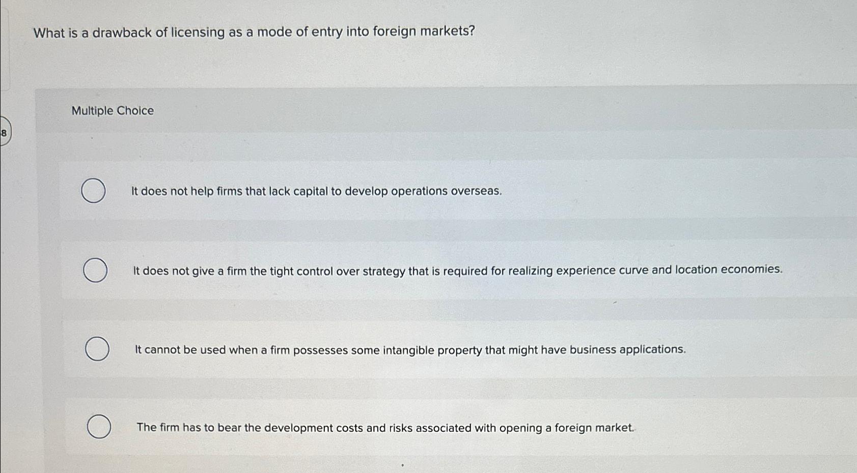 Solved What is a drawback of licensing as a mode of entry | Chegg.com