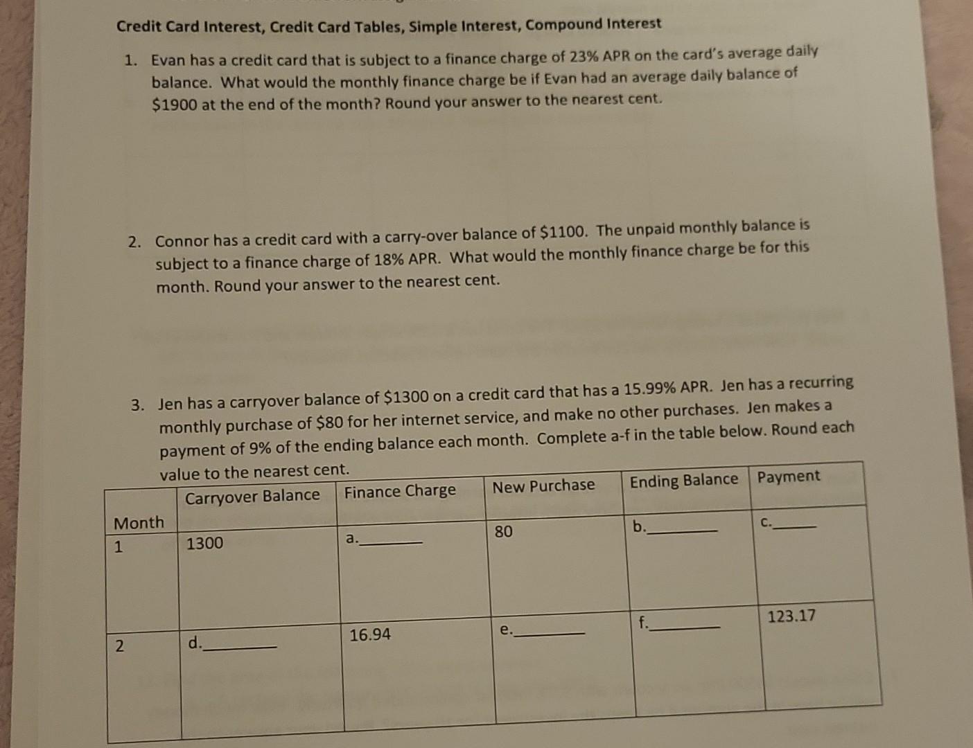 Solved Credit Card Interest, Credit Card Tables, Simple | Chegg.com
