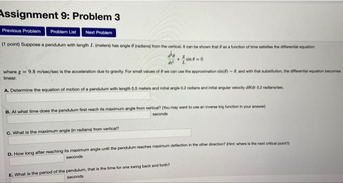 Solved Assignment 9 Problem 3 Previous Problem Problemn 