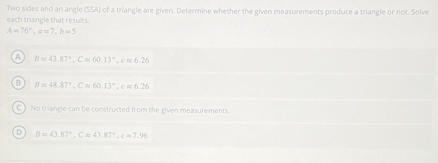 Solved Two sides and an angle (SSA) ﻿of a triangle are | Chegg.com