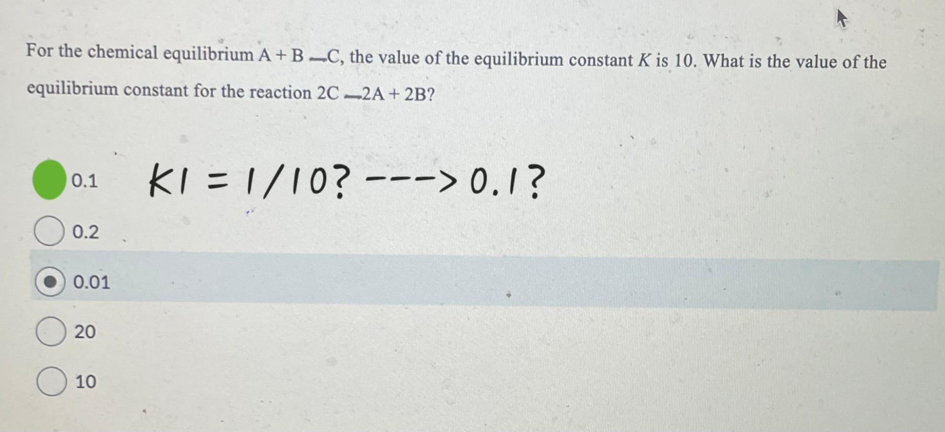 Solved For the following hypothetical equilibrium, A+2 B−C, | Chegg.com