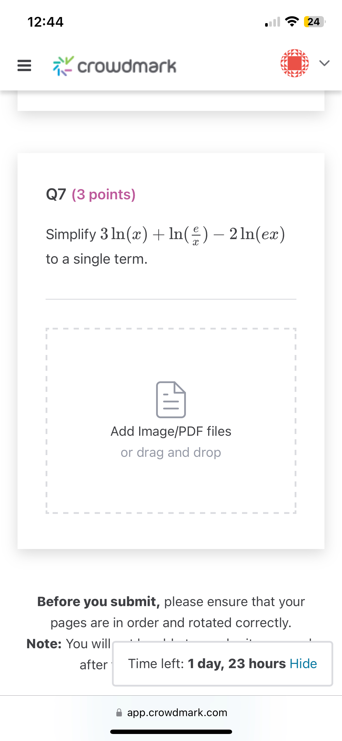 Solved 12:4424书 ﻿crowdmarkQ7 (3 ﻿points)Simplify | Chegg.com