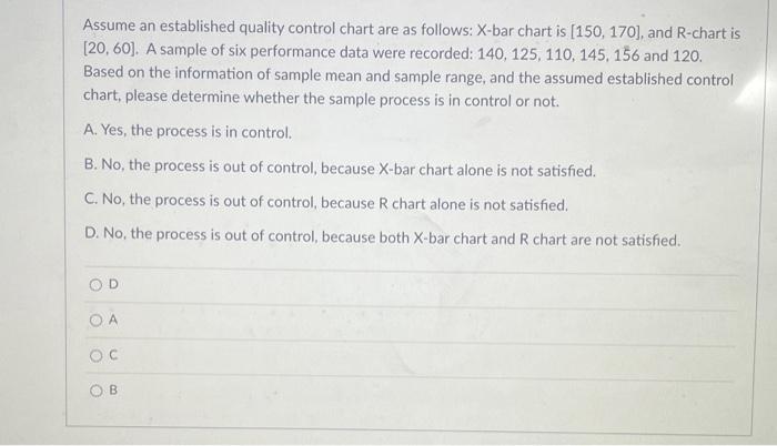 Solved Assume an established quality control chart are as | Chegg.com