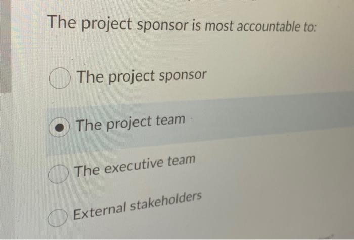 Solved The project sponsor is most accountable to: The | Chegg.com