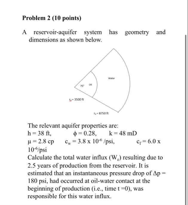 Solved Problem 2 (10 ﻿points)A reservoir-aquifer system has | Chegg.com