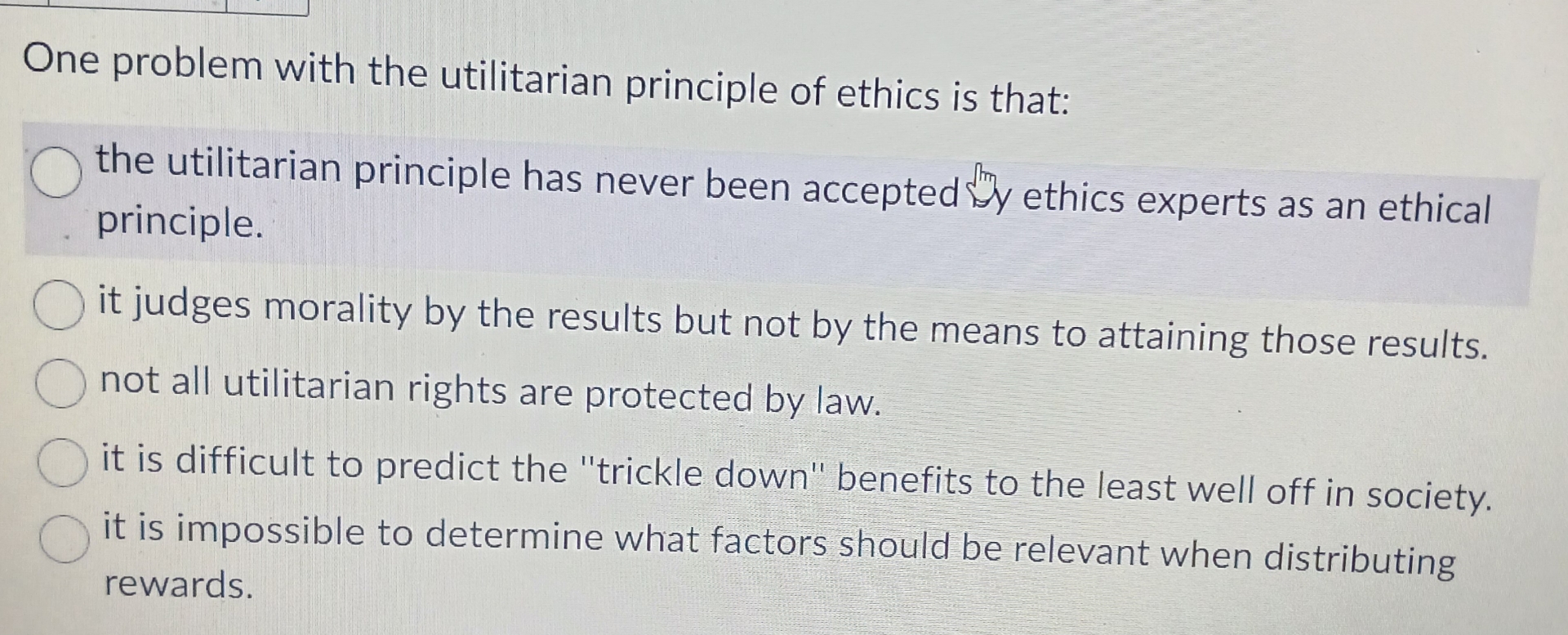 Solved One problem with the utilitarian principle of ethics | Chegg.com