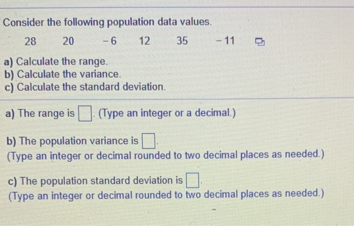 Solved Consider the following population data values. 28 20 | Chegg.com