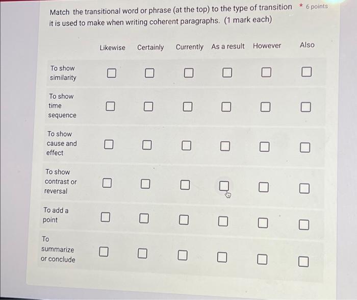 Match the transitional word or phrase (at the top) to | Chegg.com