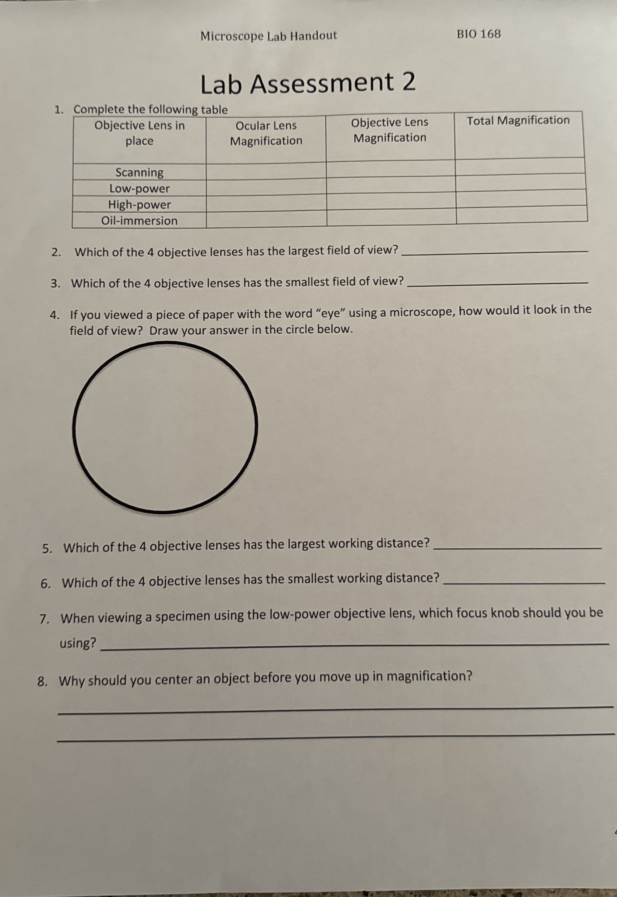 Solved Microscope Lab HandoutBIO 168Lab Assessment 2Complete | Chegg.com