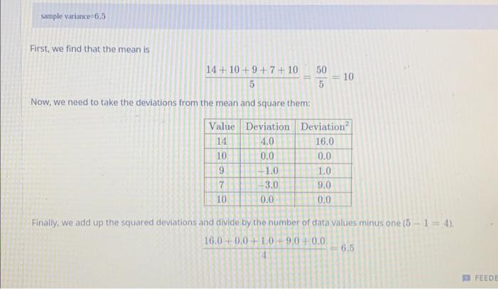 Solved Question Find the sample variance of the following | Chegg.com