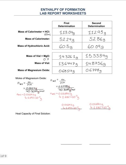 Solved ENTHALPY OF FORMATION LAB REPORT WORKSHEETS Second | Chegg.com