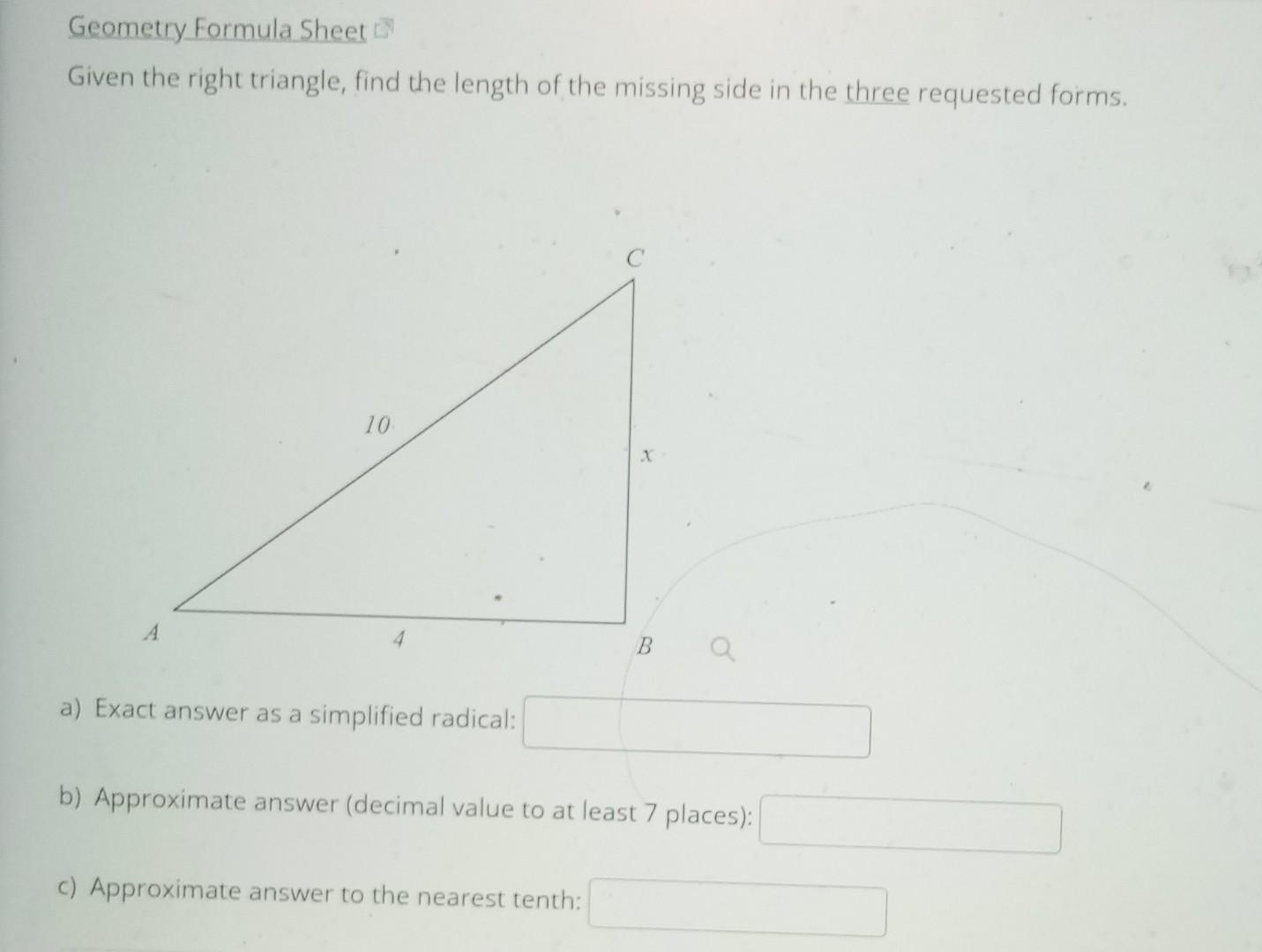 Solved Geometry Formula Sheet Given the right triangle, find | Chegg.com