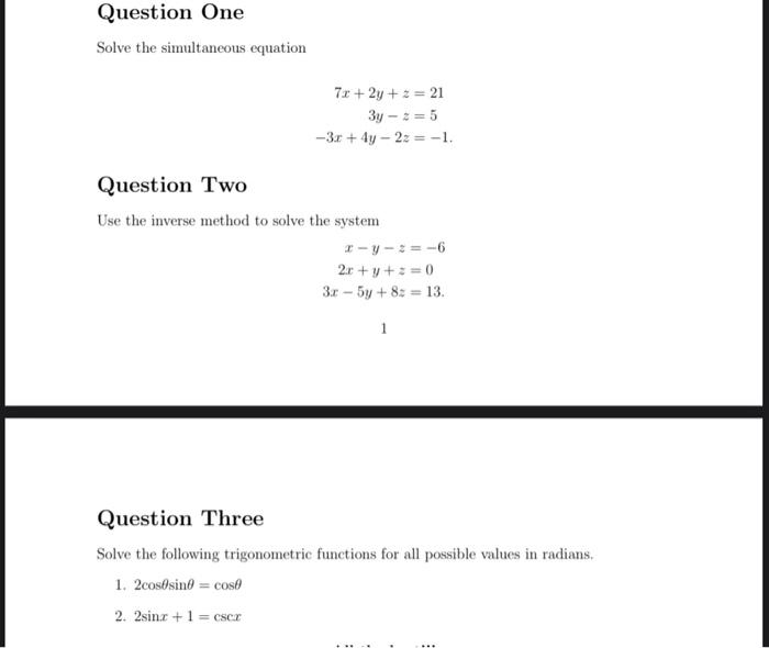Solved Question One Solve the simultaneous equation | Chegg.com