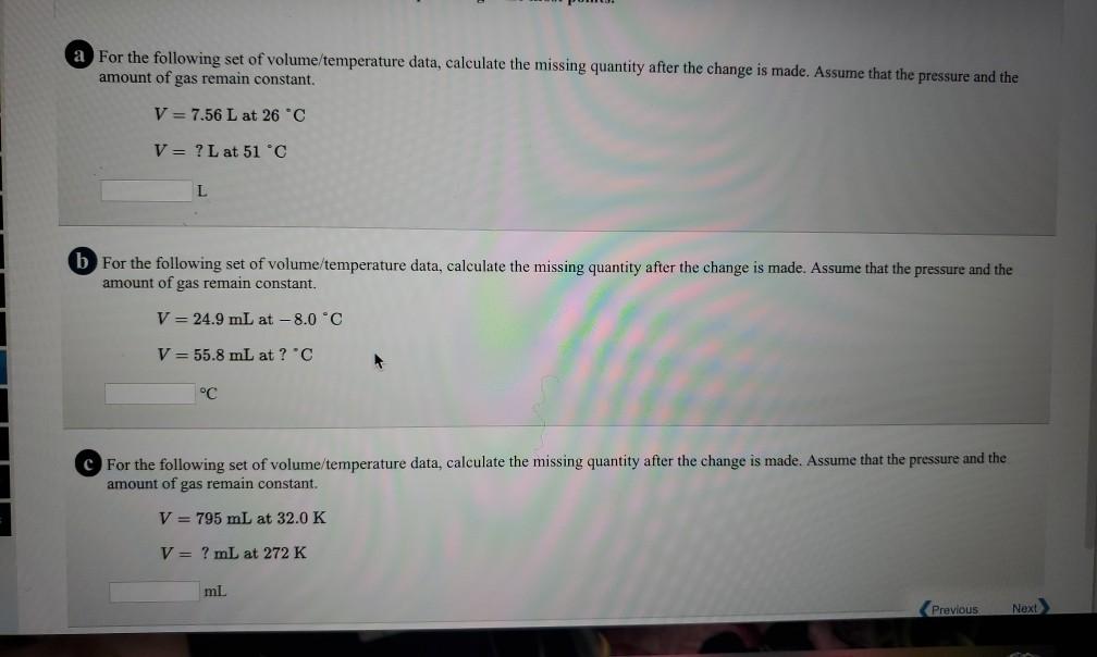Solved a For the following set of volume/temperature data, | Chegg.com